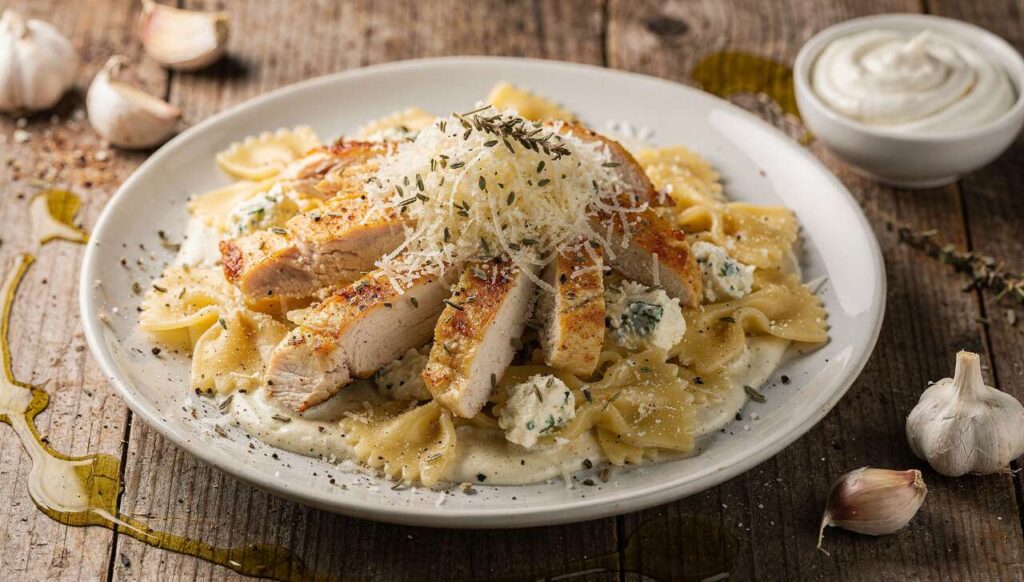 Farfalle au poulet et fromage frais : recette gourmande